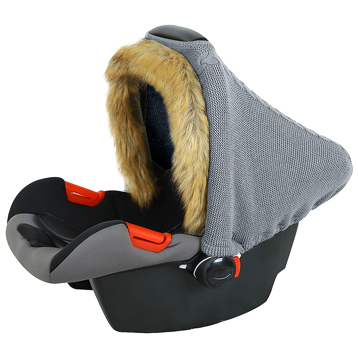 Yinuoday Baby Car Seat Cover with Faux Fur Hem Winter Knitted Stretchy Infant Stroller Cover Carseat Canopy for Boy Girl Indoor Outdoor