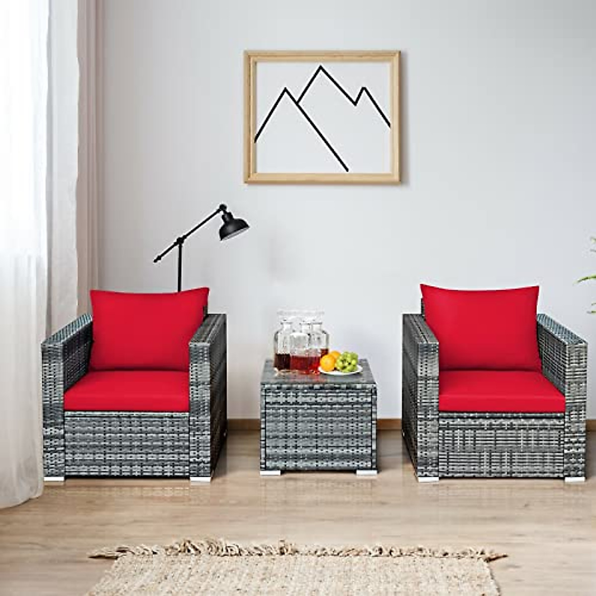 SAWQF 3 PC Patio Rattan Furniture Bistro Set Cushioned Sofa Chair Table Red
