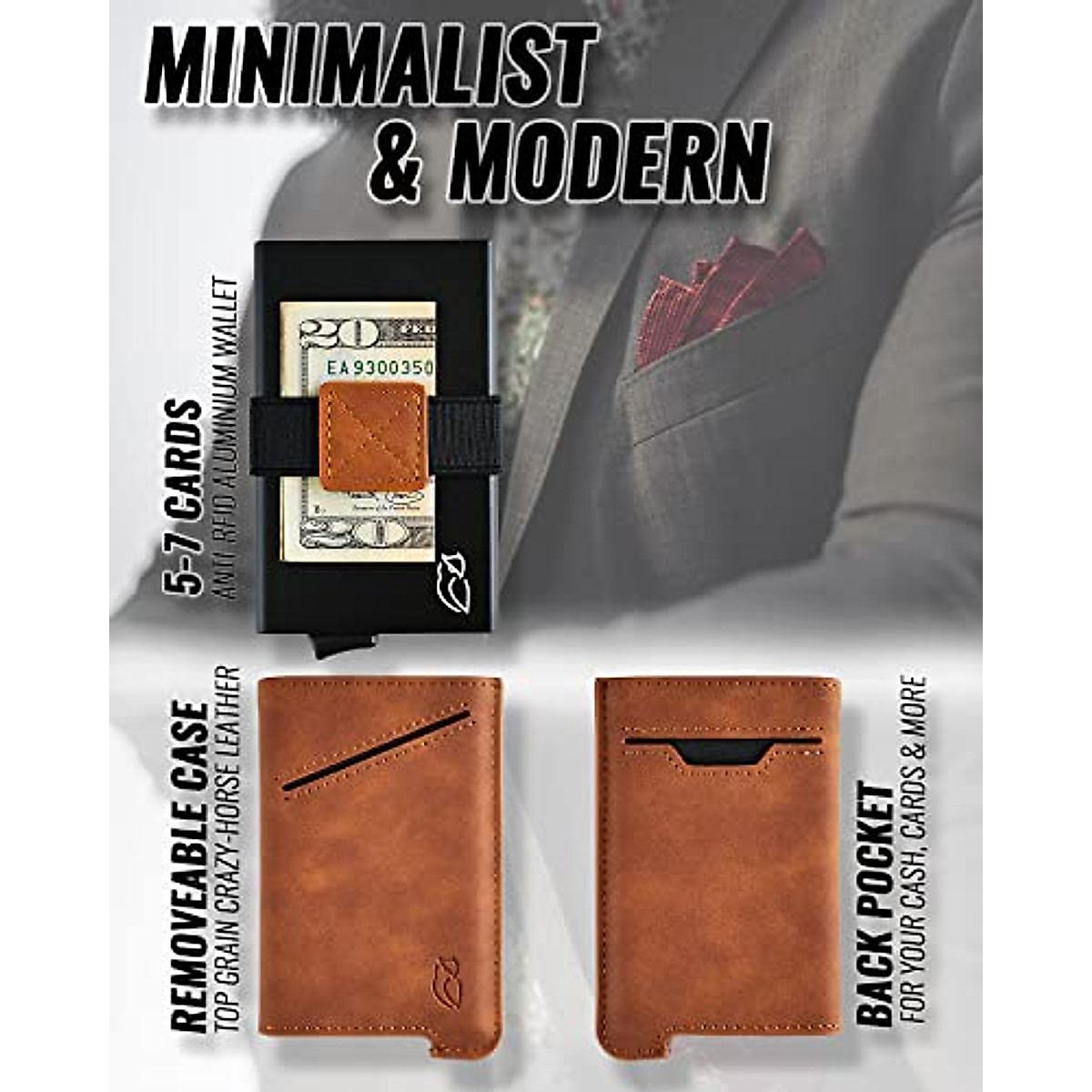 Minimalist Wallet for Men and Women - Mens Wallets RFID Blocking Wallet Hybrid Ejector Wallet for Men Credit Card Holder for Women Best Front Pocket Wallet Quick Card Access EDC Gear (Saddle Brown)