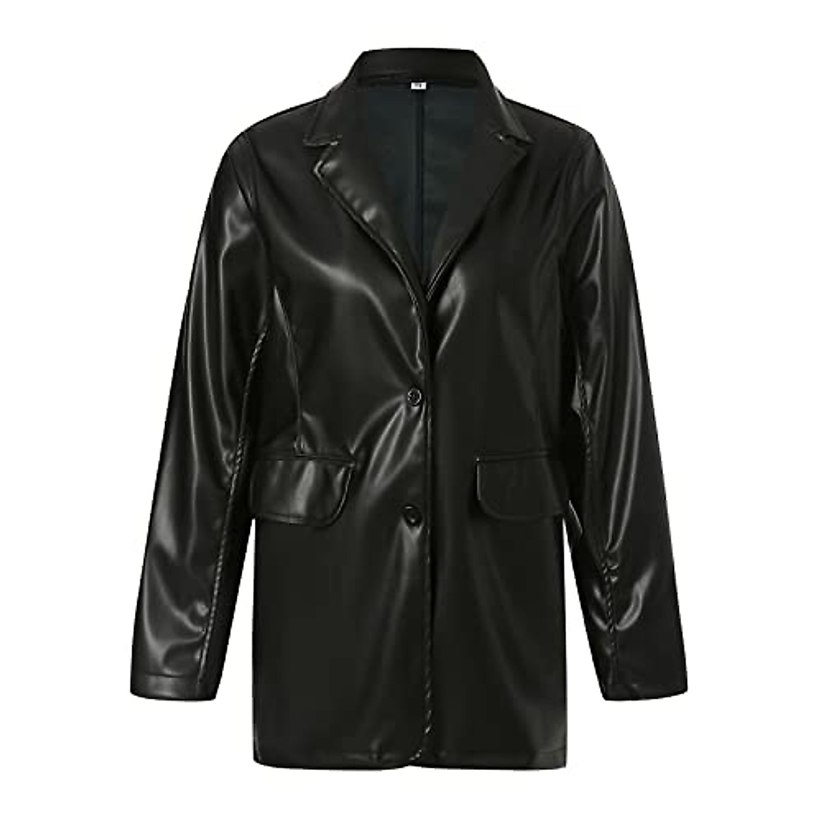 BHMAWSRT Womens Leather Blazer Coat, Long Sleeve Lapel Faux PU Leather Jacket Button Front Trench Coat (Black Blazer, Large)