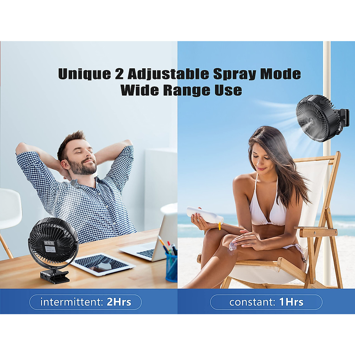 GRANDFAST Battery Operated Misting Fan，10000mAh Rechargeable Spray Fan with Clip and Hook, 360 ° Rotatable with Timer Setting Mister Cooling Fan for Golf Cart Travel Beach Patio Boat Canopy