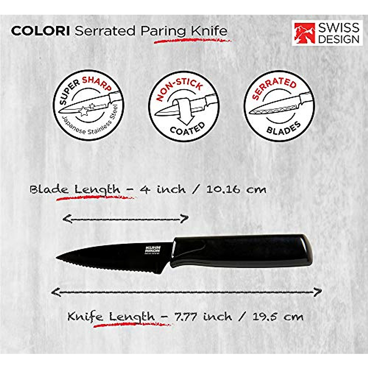 KUHN RIKON COLORI Non-Stick Serrated Paring Knife with Safety Sheath, 4 inch/10.16 cm Blade, Black