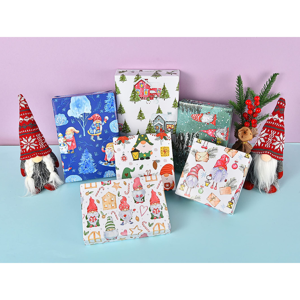 Titiweet Gnome Christmas Wrapping Paper - Christmas Wrapping Paper Clearance, 12 Sheets Cute Christmas Gonme Wrapping Paper for Men Women Boys Girls, 20 x 28 Inches Per Sheet