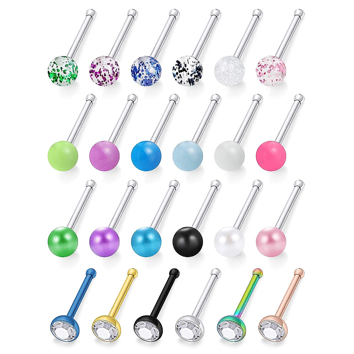 Lcolyoli 24Pcs 20G Externally Threaded Glow in the Dark Nose Studs Rings Bone Surgical Steel Nostril Pin Body Piercing Jewelry for Women Men 3mm Top