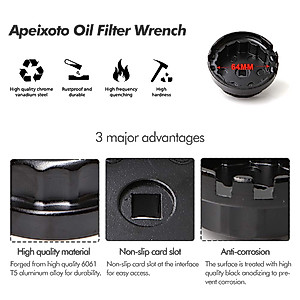 Apeixoto Oil Filter Wrench Cap Removal Tool Fits 64mm Cartridge Housing for Camry Rav4 HighLander Sienna Tundra with 2.5L-5.7L Engine