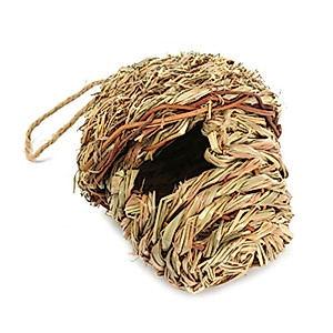POPETPOP Hanging Bird House Handwoven Grass Bird Hut - Bird Nest for Parakeets Parrots Canary and Other Small Pets - Bird Cage Accessories - Size M