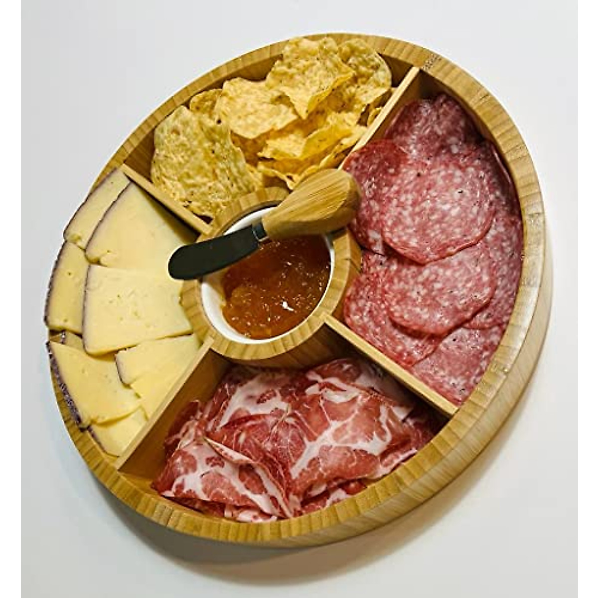 ProSky Chips and Dip Serving Dish, Bamboo Chip and Dip Platter with Dip Cup for Salsa and Spreader Knife, Chip and Dip Bowl Wood, Taco Dip Tray, Appetizer Serving Set, Dip Bowls and Tray Set