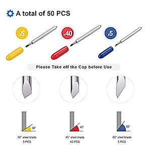 STREWEEK 50PCS Fine Point Blades, Cutting Blades for Cricut Maker 3/ Explore Air 2/Air 3, Including 5PCS 30° Shallow Replacement Blades, 40PCS 45° Standard Blades and 5PCS 60° Deep Blades