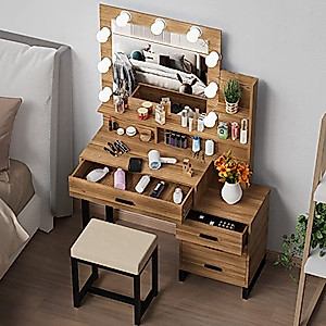 PakaLife Makeup Vanity Desk with Mirror and 3-Color Lights, 39.4" Makeup Vanity Set with Drawers, Storage Shelves and Stool, 3 Lighting Modes Adjustable, White Vanity (Brown)