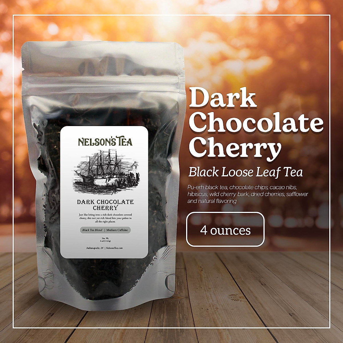 Nelson's Tea Dark Chocolate Cherry - Rich blend of Pu-erh Black Tea, Chocolate Chips, Wild Cherry Bark, Dried Cherries Herbal Loose Leaf Tea - 4oz