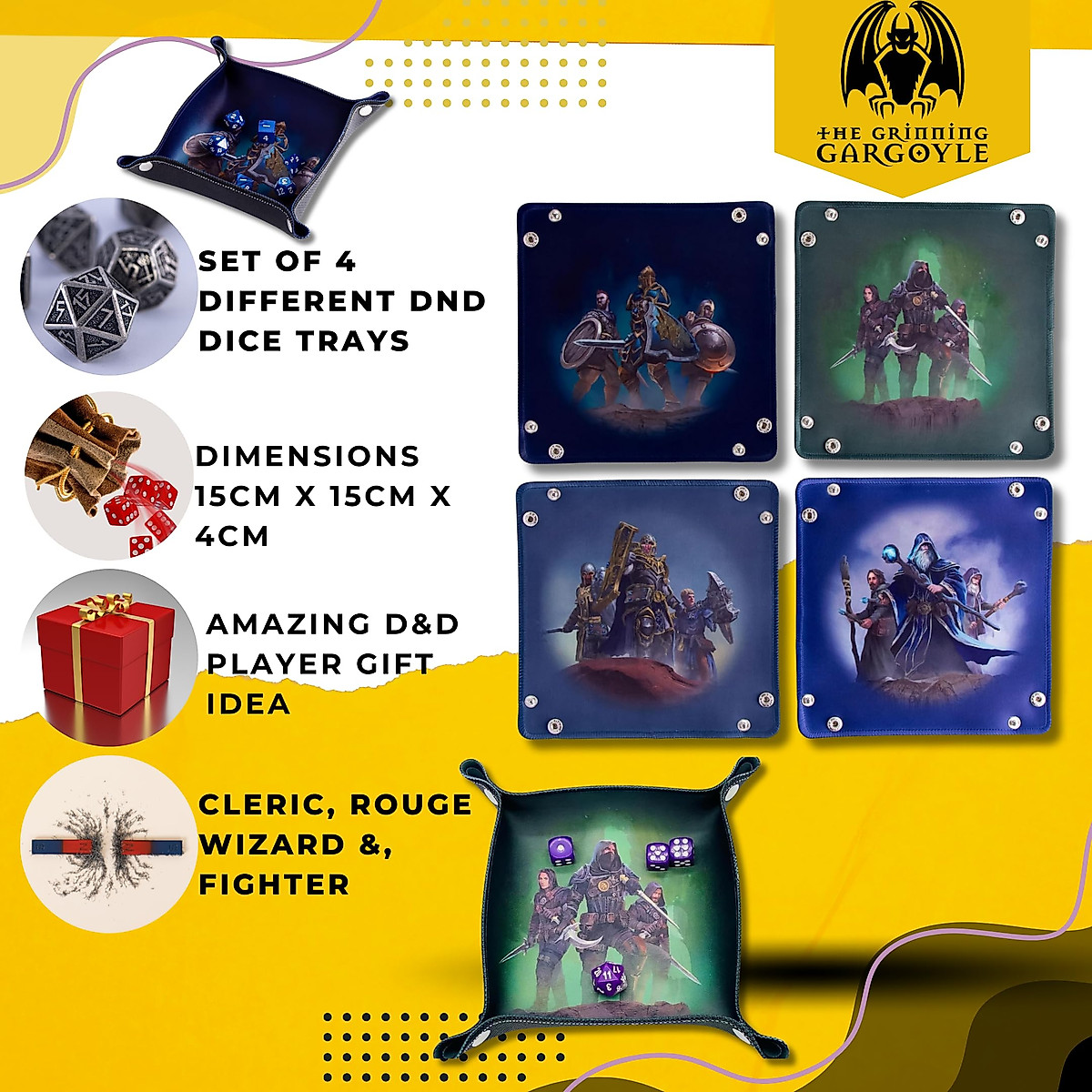 Grinning Gargoyle - 4X Fantasy RPG Character Dice Tray Set - Collapsible Dice Rolling Tray - Dice Trays for Polyhedral Die - DND Roleplaying Game Pads- Wizard Fighter Cleric Rogue - Portable Pad Gift