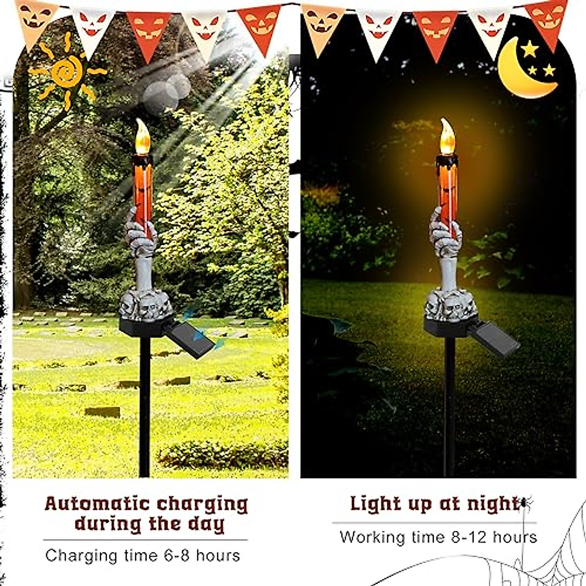 YBB 3 Pack Solar Skeleton Ghost Hands Candle Stake Lights, LED Skull Garden Lawn Yard Pathway Landscape Lights for Halloween Outdoor Decoration