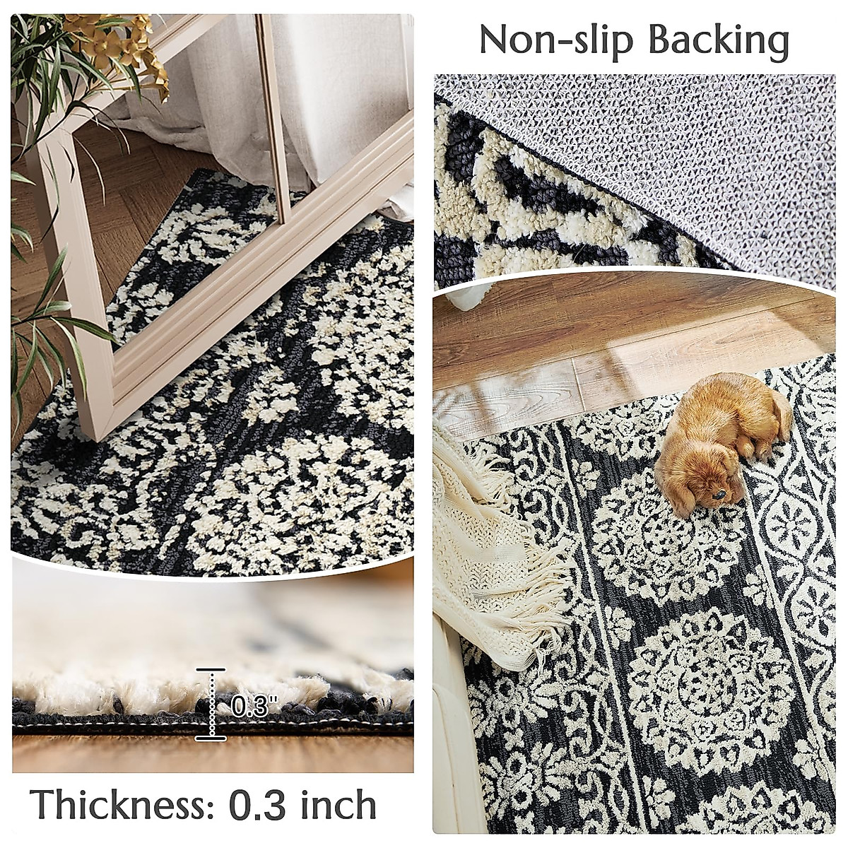 jinchan 3x5 Boho Area Rug Machine Loomed Living Room Rug Bohemian Woven Rug Accent Rug Indoor Vintage Floral Rug Retro Carpet Soft Luxury Rug Washable Kitchen Bedroom Dining Room, Black and White