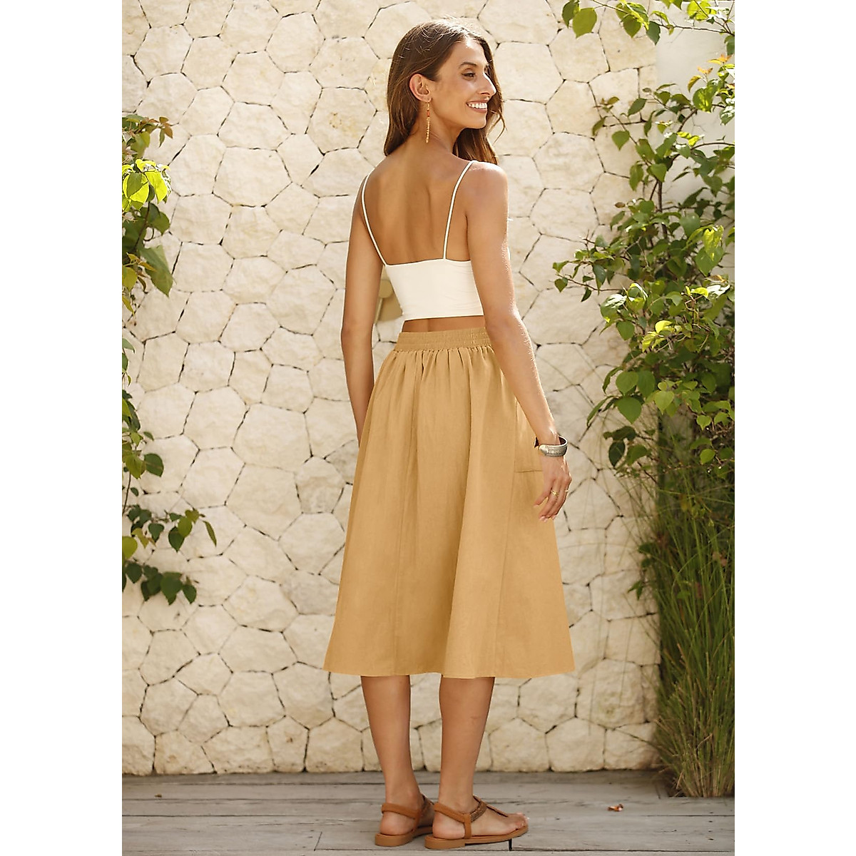 Naggoo Womens Summer A-Line High Waisted Button Pleated Midi Skirt Khaki Large