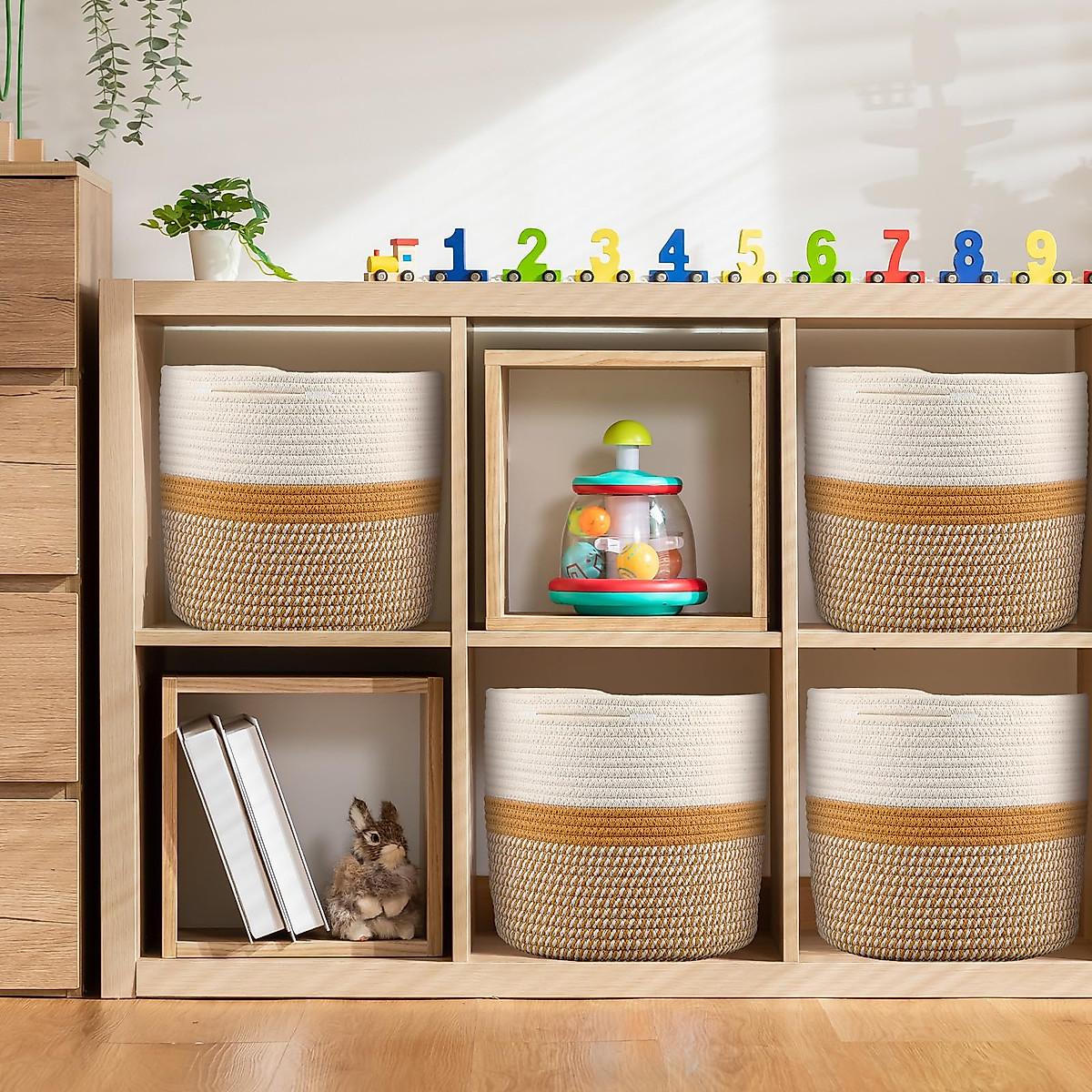 Thyle 9 Pcs Woven Cotton Rope Basket Bulk Storage Cubes Baskets Bins with Handles 10.2 x 10.2 x 10.2'' Round Organizer Bins Cute Toy Basket for Cube Storage Organizer Shelves Clothes Towels