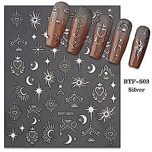3 Sheets Nail Art Stickers Decals Gold Sun Moon Star Stripe Line Nail Decals Self-Adhesive Heart Nail Art Supplies for Nail DIY Decoration 3D Adhesive Nail Accessories for Women French Nail Design