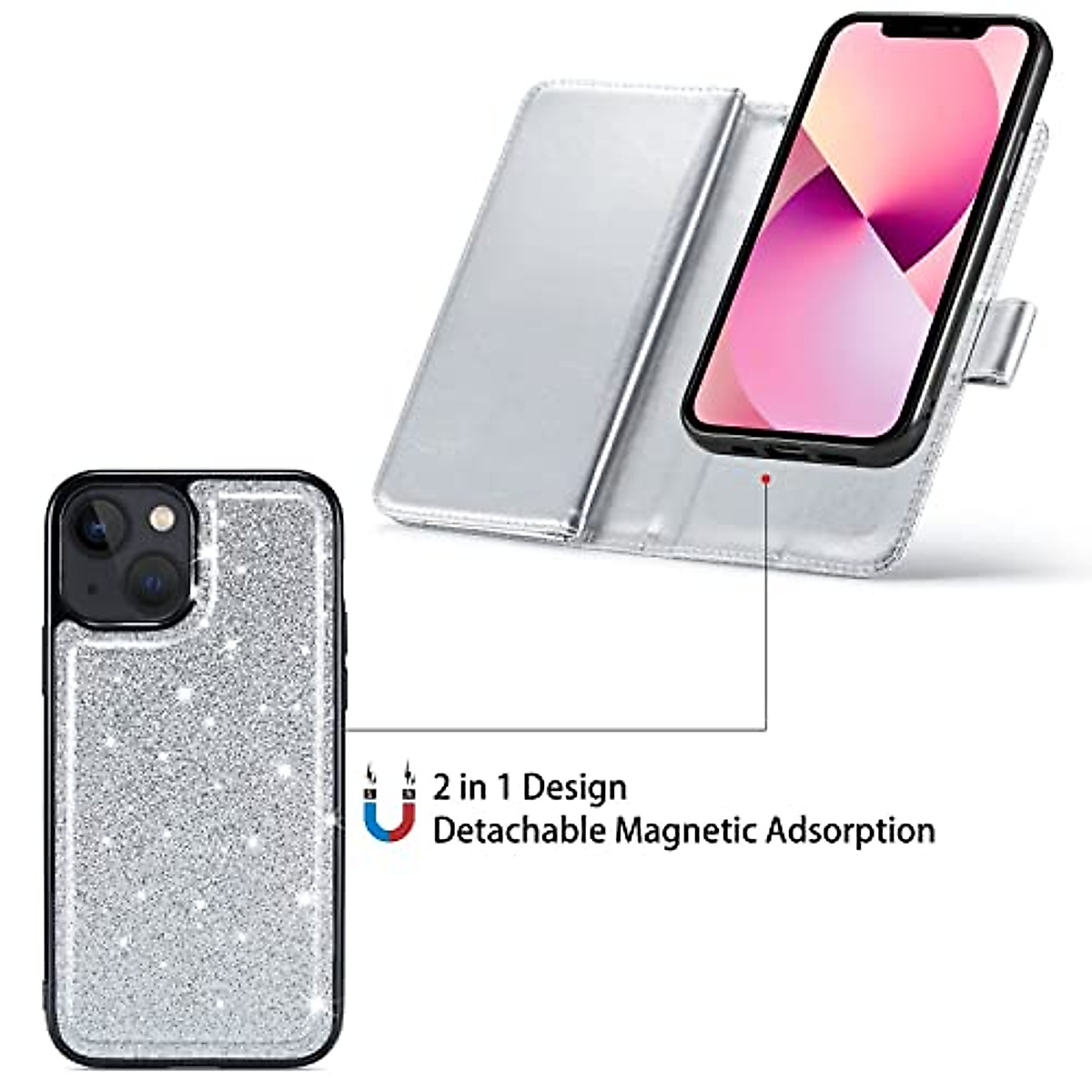 Varikke iPhone 13 Wallet Case, Glitter PU Leather with Card Holder, Detachable Cover, Kickstand & Strap - Silver