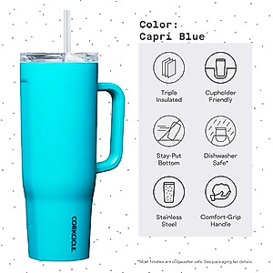 Corkcicle Cruiser Insulated Tumbler with Handle and Straw, Capri Blue, 40 oz – Reusable Water Bottle Keeps Beverages Cold for 20 Hours, Hot for 9 Hours – Cupholder Friendly, Spill Proof Tumbler