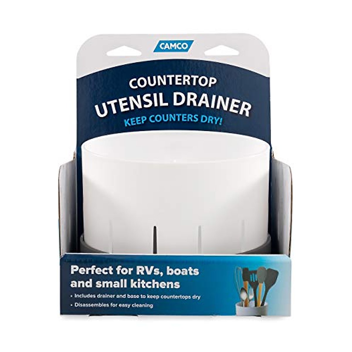 Camco 43513 Countertop Utensil Drainer - Perfect for Storing and Drying Eating Utensils, Sponges, Brushes and Soap - Includes A Perforated Drainer and Base to Keep Countertops Dry