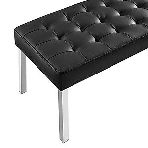 Modway Loft Tufted Button Faux Leather Upholstered Large Accent Bench in Silver Black
