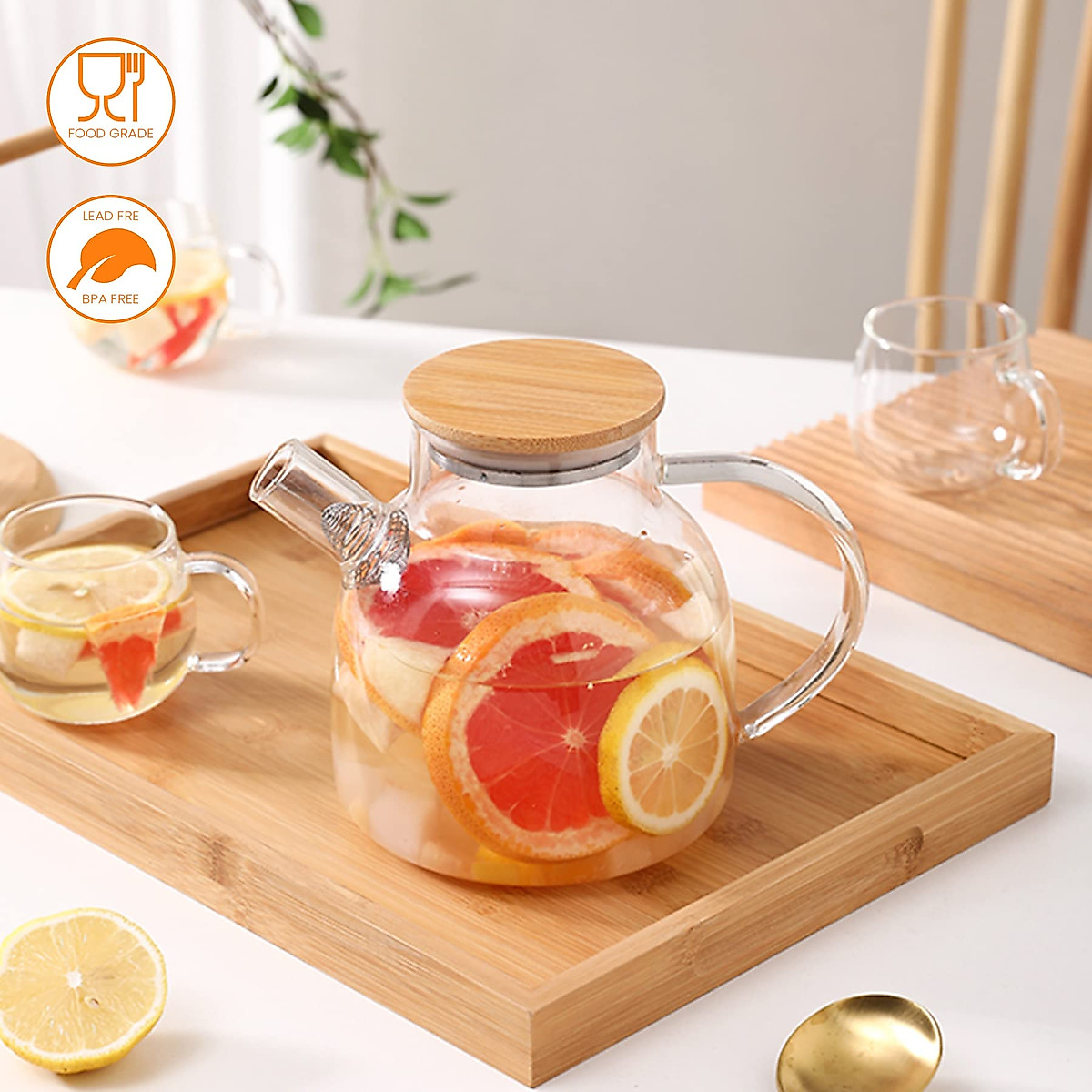 Glass Pitcher with Bamboo Lid, Glass Teapot Stovetop & Microwave Safe, Glass Borosilicate Teapot with Removable Filter Spout, 34oz/1000ml, Teapot for Loose Leaf and Blooming Tea and Fruit Tea