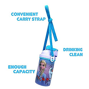 Zak Designs Disney Frozen One Touch Button Water Bottles with Reusable Built in Straw, Carrying Strap - Safe Approved BPA Free, Easy to Clean, for Kids Girls Boys, Goodies Home Travel