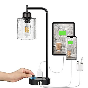 Industrial Bedside Table Lamp for Bedroom - Nightstand Lamps with USB C Charging Port, Fully Dimmable Black Lamps with USB Ports and Outlets, Small Desk Lamp with Glass Shade for Office Living Room