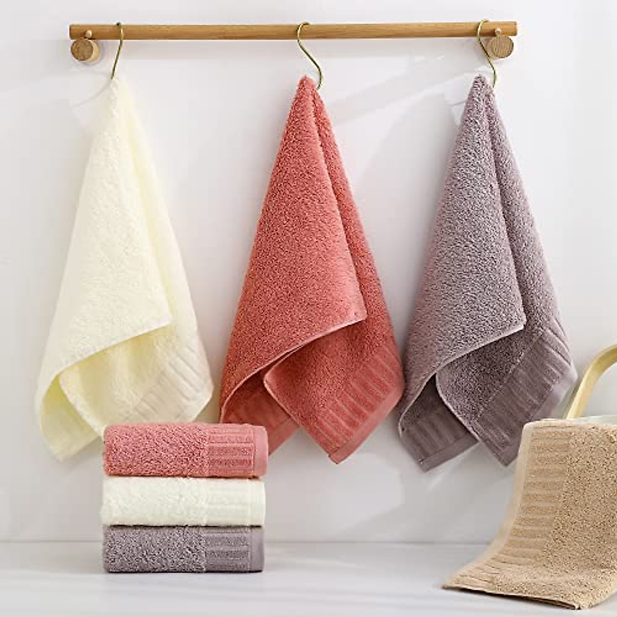 sense gnosis Khaki Hand Towels Set of 2 Decorative Long Terry Striped Pattern 100% Cotton Soft Absorbent Hand Towel for Bathroom 13 x 29 Inch