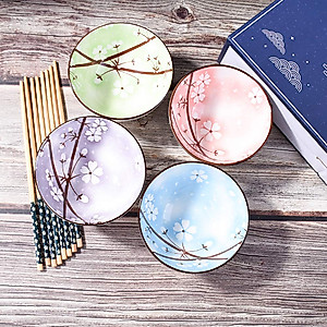Japanese Style Ceramic Rice Bowl and Chopstick set of 4, Assorted Designs and Color with Phum Flowers Underglazed Dinnerware Ideal For Dessert Snack Cereal Soup in Gift Box