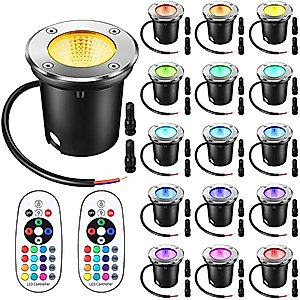 16 Pack 10W Low Voltage Landscape Lights with 32 Connectors and 2 Remotes, RGBW Colored LED Well Lighting 12V-24V Waterproof Outdoor In Ground Lights for Garden Pathway Deck Lights