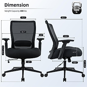 Big and Tall Office Chair 400lbs Heavy Duty Computer Chair, Wide Seat Desk Chair Ergonomic Mesh Chair, 4D Armrest Metal Base Thick Padded Seat Cushion, Adjustable Plus Size Rolling Chair