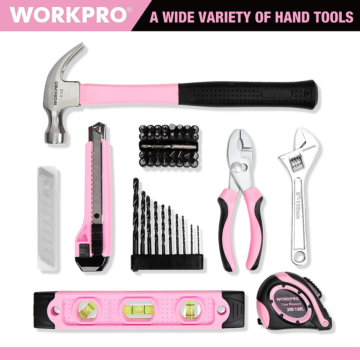 WORKPRO 12V Pink Cordless Drill Driver and Home Tool Kit and Pink Garden Tools Set