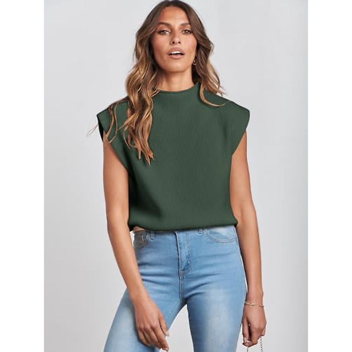 ANRABESS Women's Mock Neck Sleeveless Sweater Vest Casual Cap Sleeve Knit Pullover Tank Tops 2025 Spring Summer Clothes Green-S