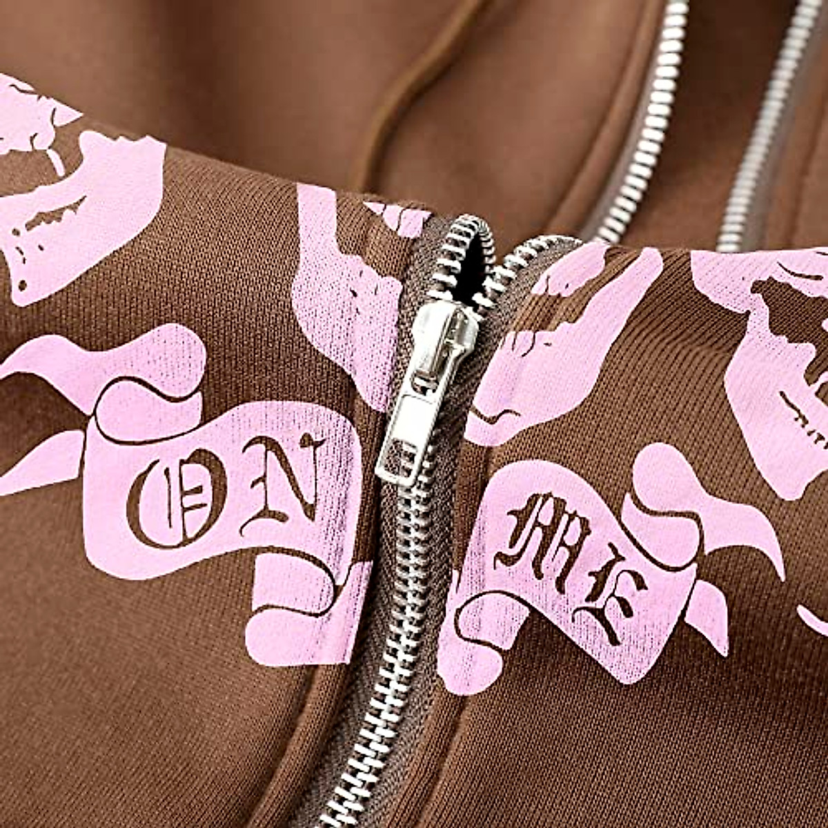 PLAYPUNK Women Rhinestone Oversized Zip Up Hoodie Y2k Skeleton Spider Skull Print Vintage Hoodies 90s Pullover Grunge Jacket Brown