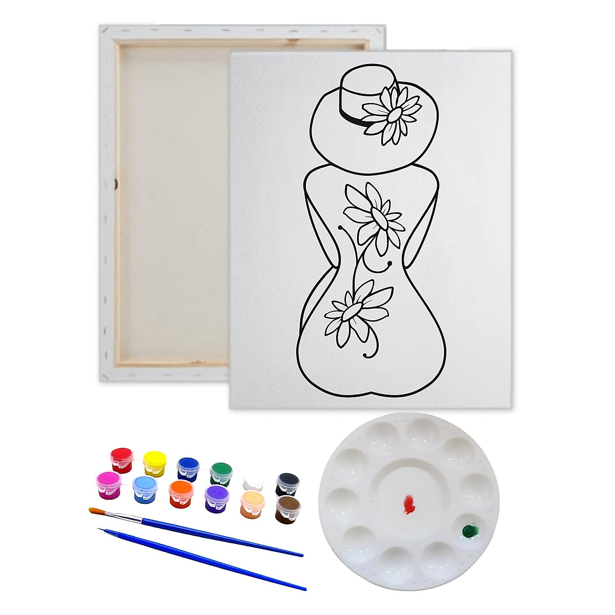 Essenburg Pre Drawn Canvas Flower Hat Lady Paint Kit | Adult & Teen Sip and Paint Party Favor | DIY Date Night Couple Activity (S 8X10 & 12 COLORS OF PAINT)
