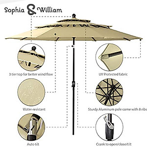 Sophia & William 10ft 3 Tier Auto-tilt Patio Umbrella, Outdoor Double Vented Umbrella with Crank, Beige