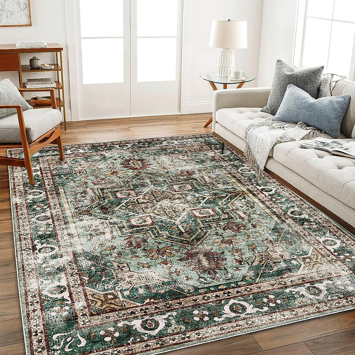 CHAMPLANT 6'x9' Green Washable Area Rug Boho Chic Medallion Distressed Design Non-Shedding Easy Care Ideal for High Traffic Areas in Living Room Bedroom Office Kitchen Coffee Table Large Carpet