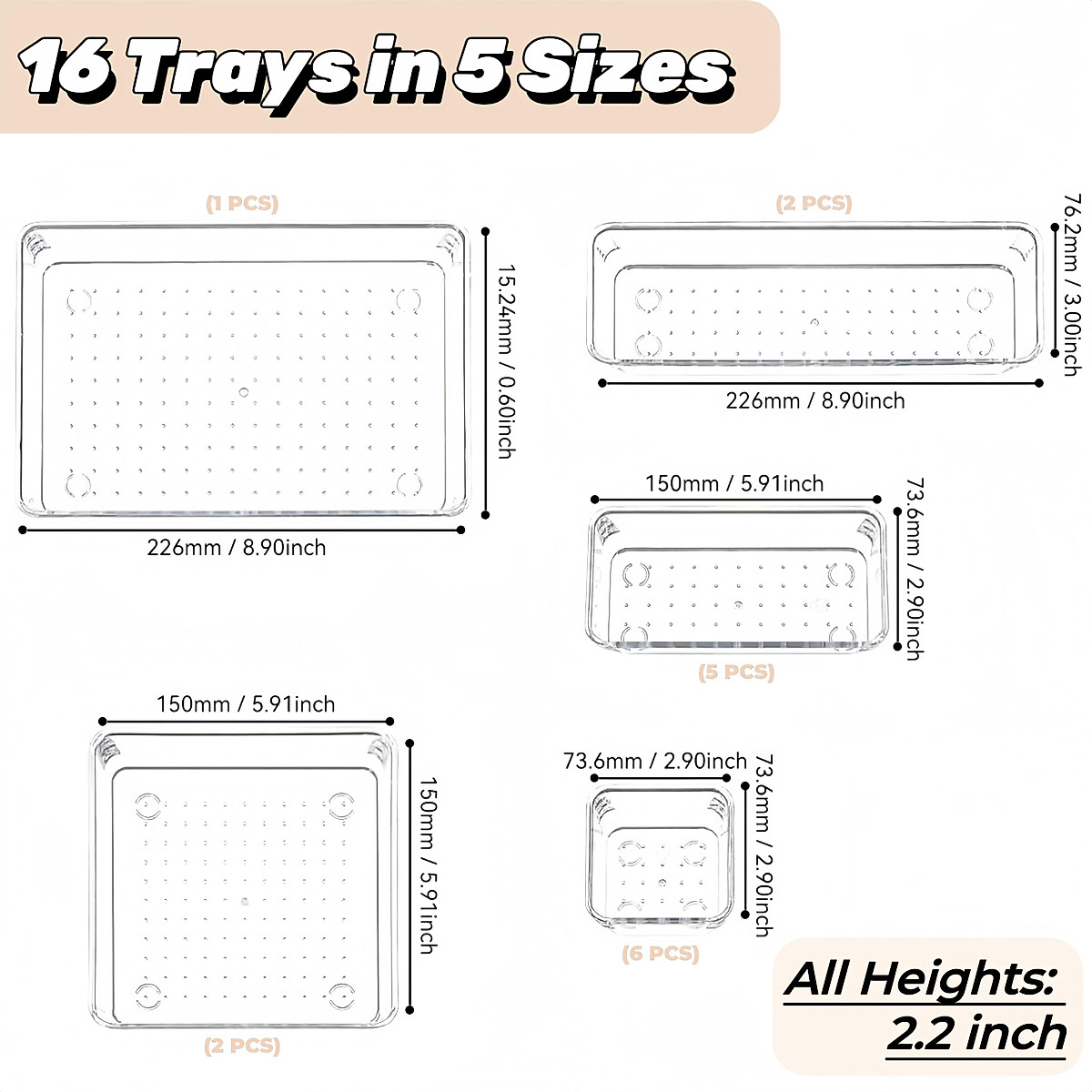 Cxsj Cjxsb 16 Pcs Non-Slip Clear Drawer Organizer Set, Versatile 5-Size Clear Desk Storage Trays for Makeup, Jewelry, and Utensils - Ideal for Dresser, Office, and Kitchen