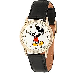 Disney Mickey Mouse Adult Classic Cardiff Articulating Hands Analog Quartz Leather Strap Watch, Gold/Black