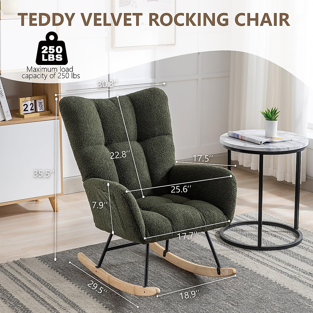 Rocking Chair Nursery, Teddy Upholstered Glider Rocker, Modern Accent Chair with High Backrest Padded Seat Pocket, Cozy Armchair Side Chair for Living Room, Bedroom, Office, Balcony, Dark Green