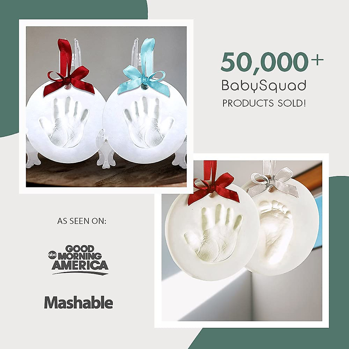 BabySquad Baby Handprint Footprint Clay Keepsake Ornament Kit (2 Pack) Non Toxic - Shatter Proof - Air Dries - Ultra Light. Includes Stencil, 2 Easels, 8 Ribbons, 2 Claypacks, Rolling Pin and More!