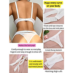 Kaei&Shi Garter Belt Thong Lingerie for Women,Strappy Hollow Out Sexy Lingerie,Underwire Mesh Sheer Matching 4 Piece Lingerie Set Bride Wedding Bridal Honeymoon White 2X-Large
