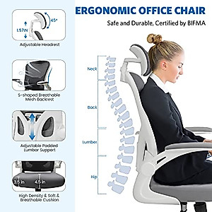 Leteuke Office Chair, Ergonomic Office Chair with Padded Lumbar Support and 90° Flip-up Armrests, High Back Mesh Home Office Chair, 125° Reclining Computer Desk Chair (White+Gray)