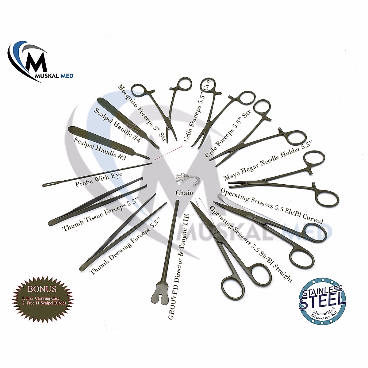 MuskalMed Advanced Dissection Kit - 24 Pieces Total. High Grade Stainless Steel Instruments Perfect for Anatomy, Biology, Botany, Veterinary and Medical Students 11 Bonus Scalpel MLT-03