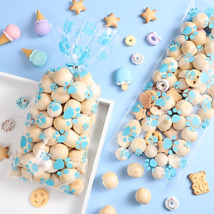 200 Pieces Pet Paw Print Cellophane Bags Dog Party Favor Bags Heat Sealable Treat Bags Dog Paw Gift Bags Cat Candy Bags with 200 Pieces Silver Twist Ties for Pet Treat Party Favor (Blue)