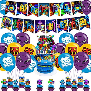 Geometry Dash Birthday Party Decorations ,Geometry Dash Birthday Party Favor with Banner, Ballons,Cake Topper, Cupcake Toppers for Boys Girls Fans Geometry Dash Party Supplies