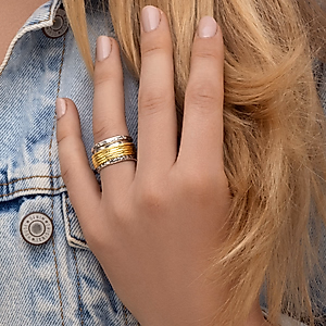 JEAN RACHEL JEWELRY 925 Sterling Silver Rotating Spinner Ring With 5 One Micron 14K Gold Plated, Hypoallergenic, Nickel and Lead-free, Artisan Handcrafted Designer Collection, Made in Israel