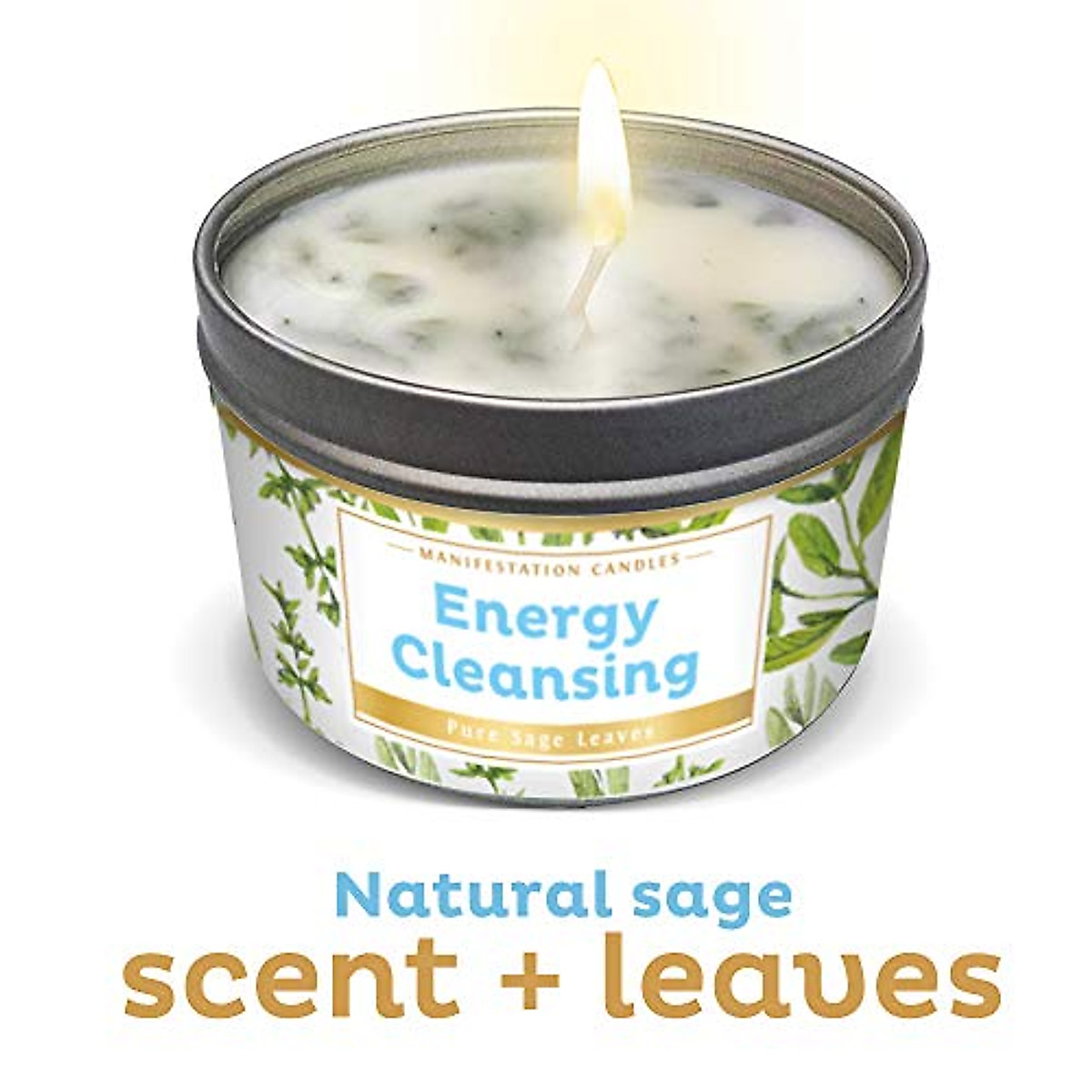Manifestation Candle Energy Cleansing with Pure Sage Leaves Aromatherapy Candle for House Energy Cleansing & Positivity Vibes - 5.5oz Natural Soy Wax Tin - 24 Hour Burn Time - Banishes Negative Energy