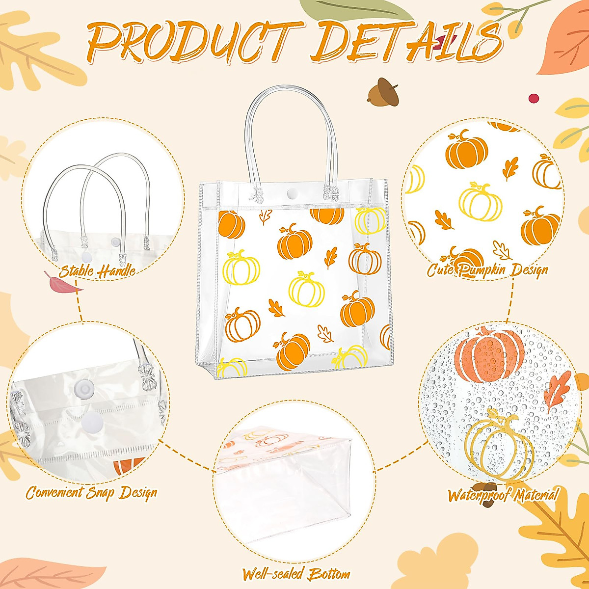 Aliceset 12 Pcs Clear Fall Pumpkin Gift Bag with Handles Pumpkin Party Plastic Favor Bag Fall Treat Bag Bulk Halloween Goodie Bag for Thanksgiving Day Fall Party Favor, 8 x 8 x 3.15 Inch(Orange)