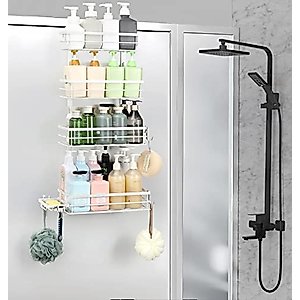 melos White Over The Door Shower Caddy, 4 Tier 29inch Height Adjustable over the door shower organizer Hanging Bathroom Shelf with Soap Holder, No Drilling